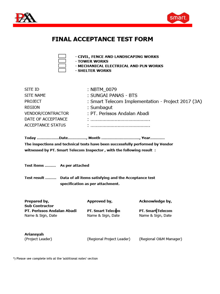 CME Reg 16 - Final Acceptance Test Forms | PDF | Electrical Components ...