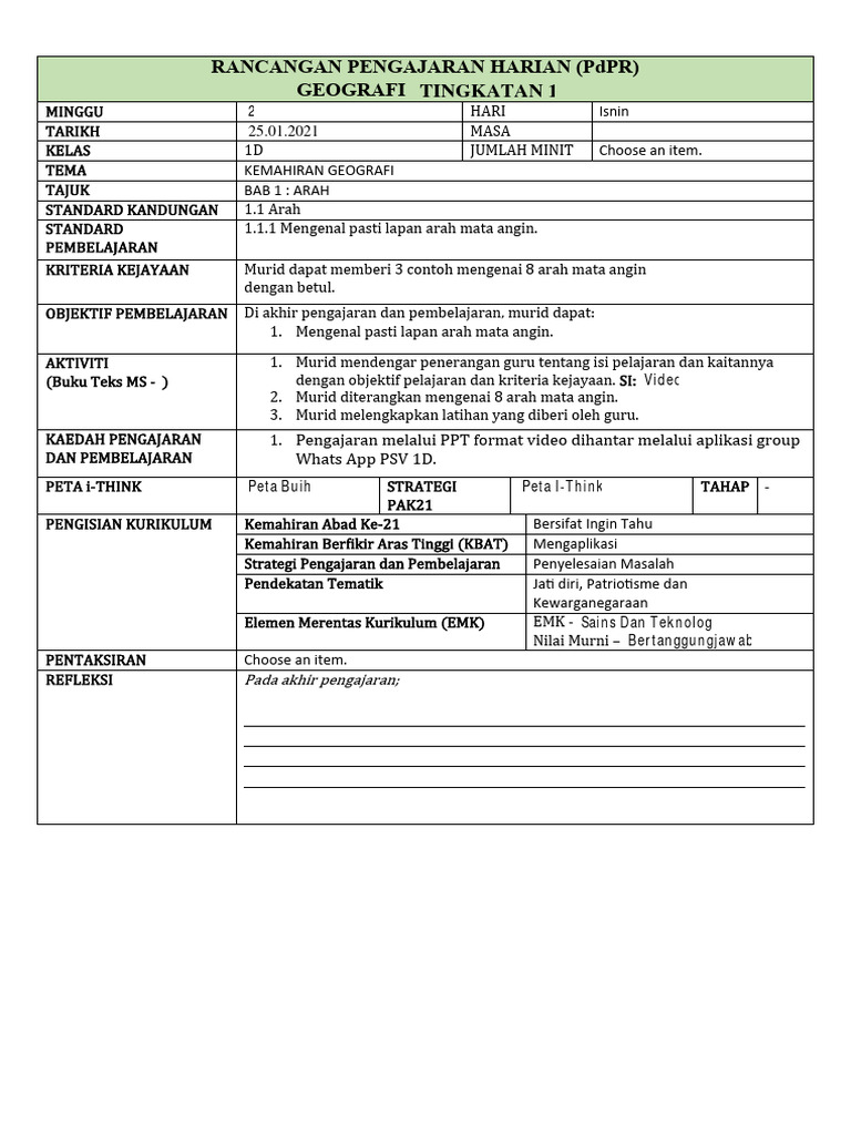 Rancangan Pengajaran Harian (PDPR) Geografi Tingkatan 1 | PDF