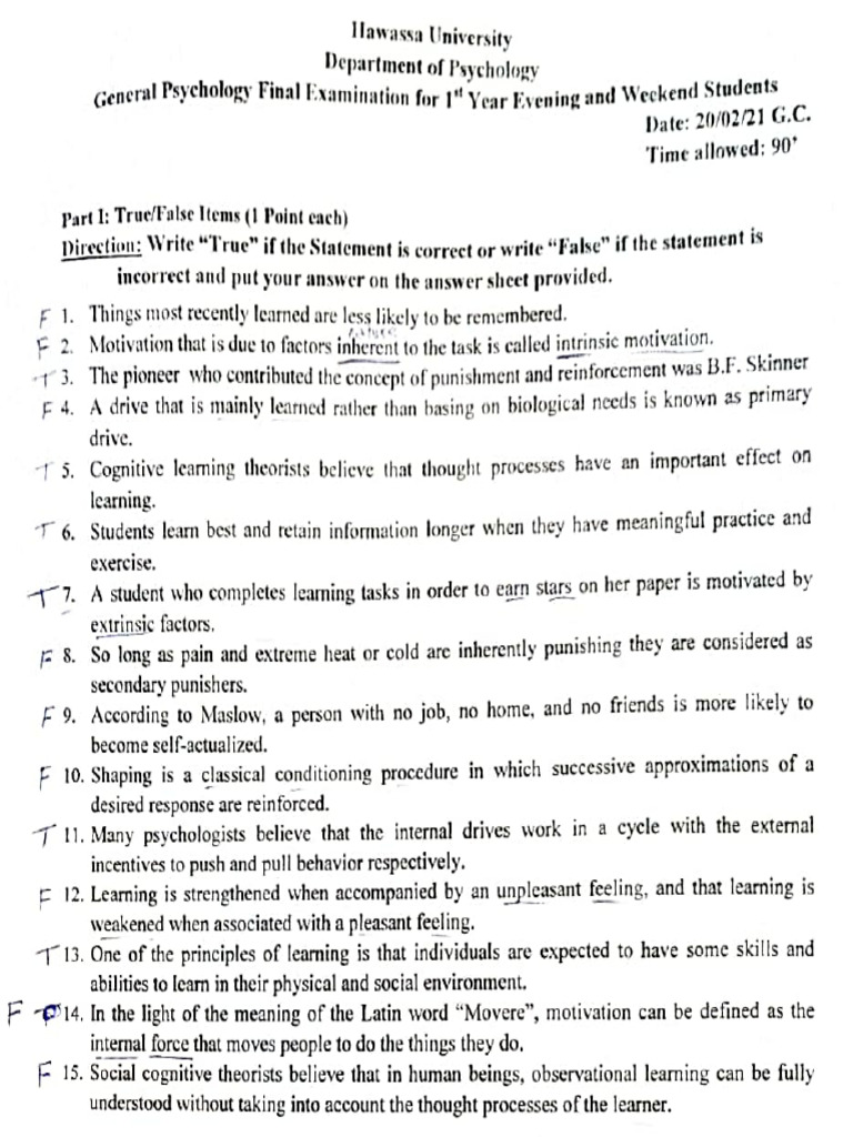 @aconcise Psychology Final Exam Hawassa Univ 2021 | PDF