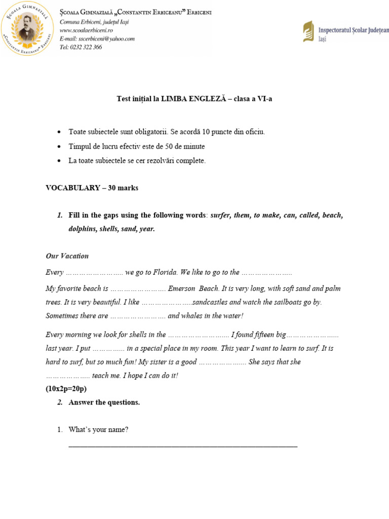 Test Initial Engleza Clasa A VI-A Alexeni + Barem | PDF