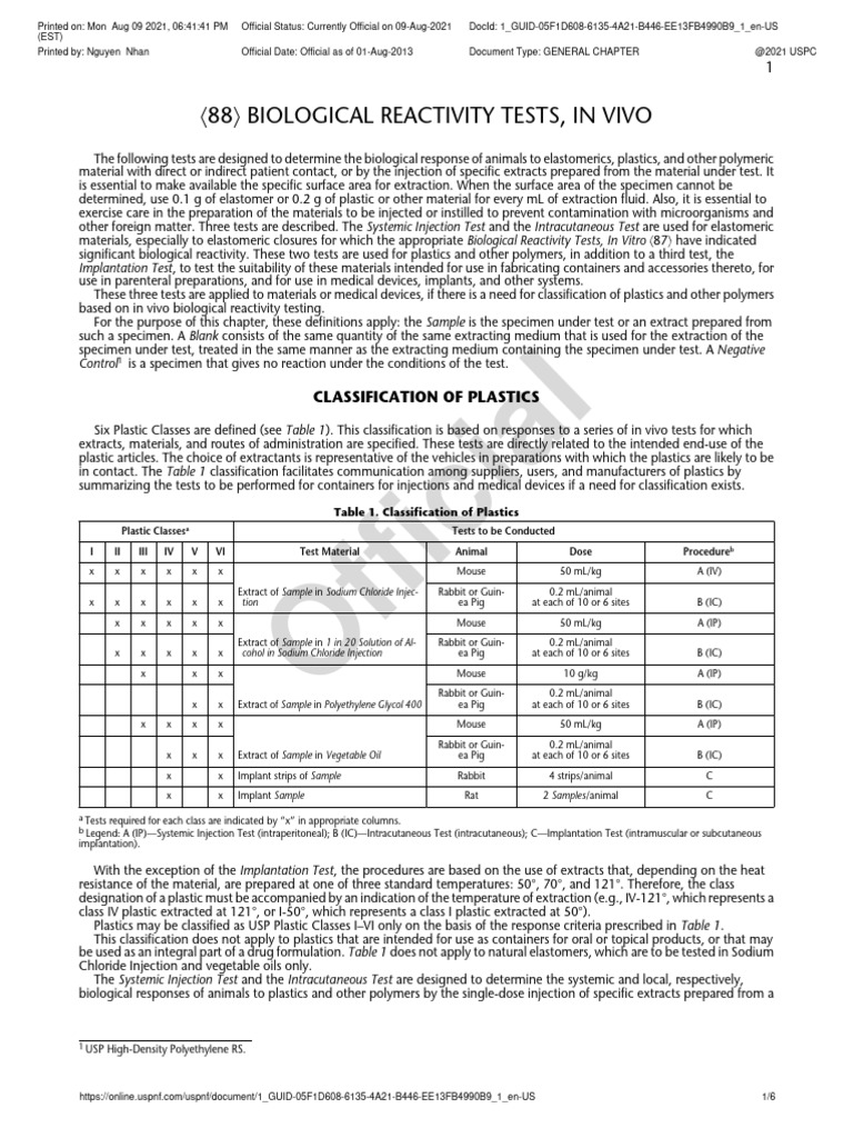 〈88〉 BIOLOGICAL REACTIVITY TESTS, IN VIVO | PDF | Injection (Medicine ...