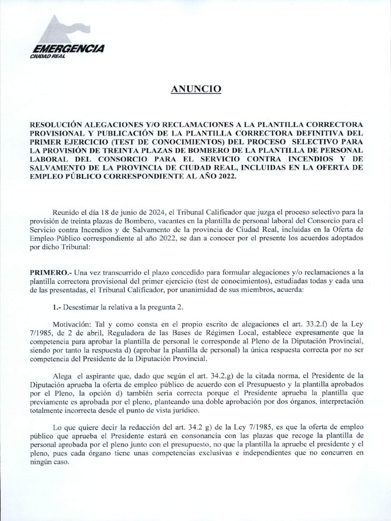 Anuncio Resolucion Alegaciones y Plantilla de Respuestas Definitiva Primer Ejercicio | PDF