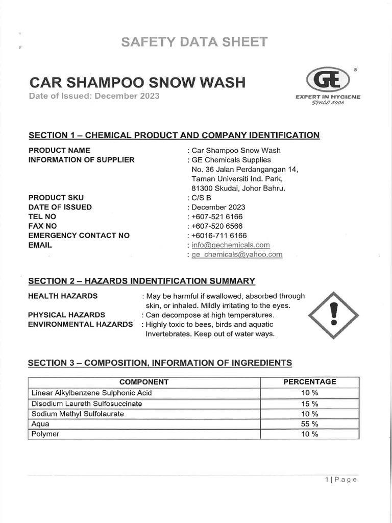 Car Shampoo Snow Wash SDS | PDF
