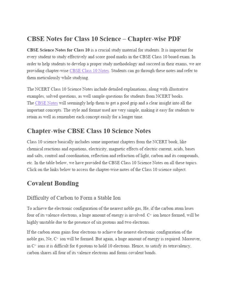 CBSE Notes For Class 10 Science10 | PDF | Chemical Bond | Ionic Bonding