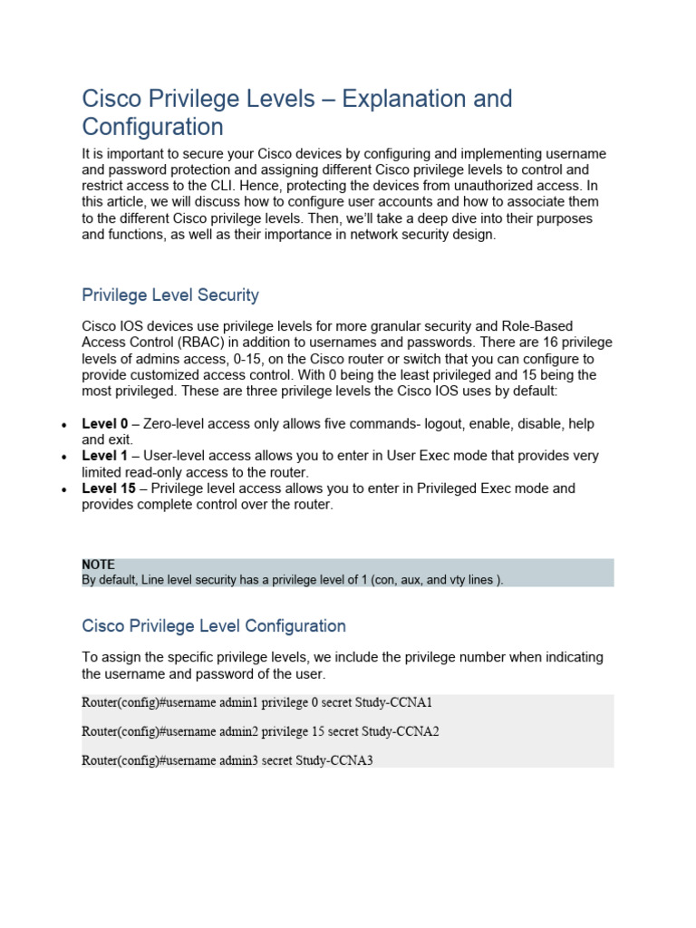 Cisco Privilege Levels | PDF | User (Computing) | Computer Engineering
