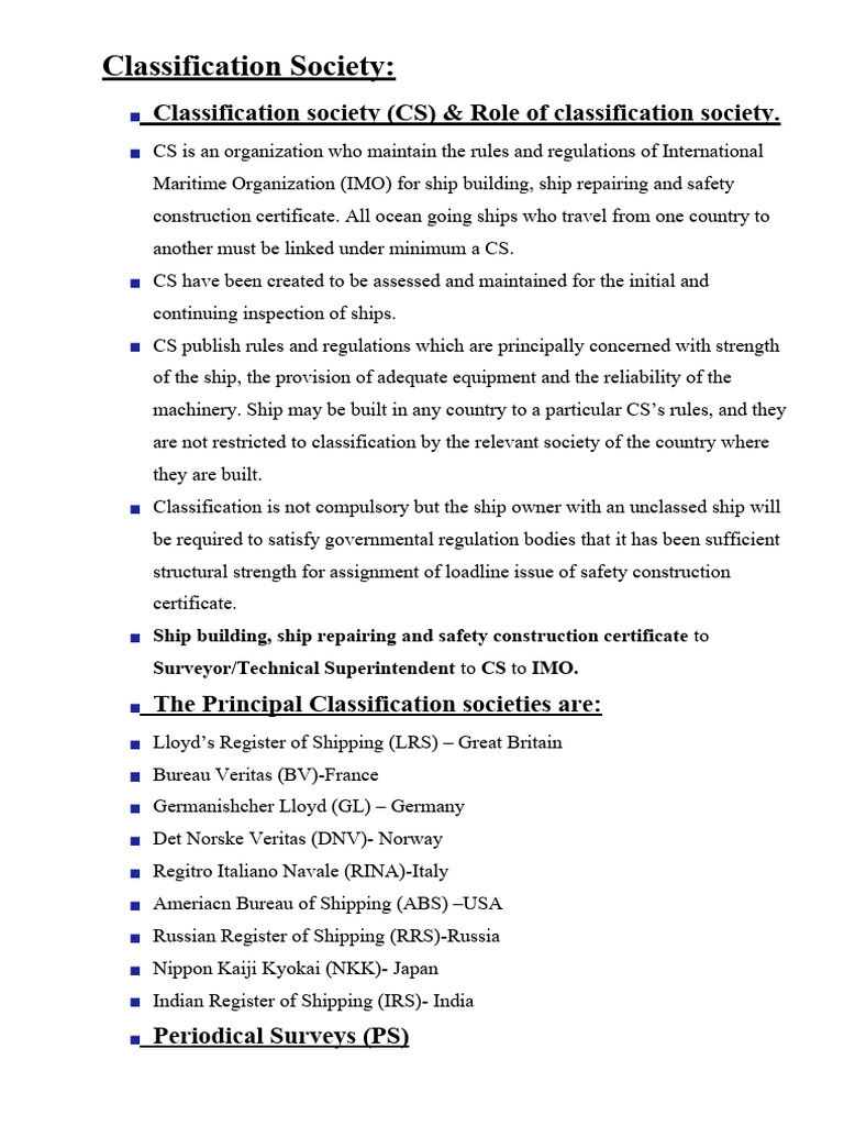 Classification Society, Periodical Survery and Dry-docking works list ...