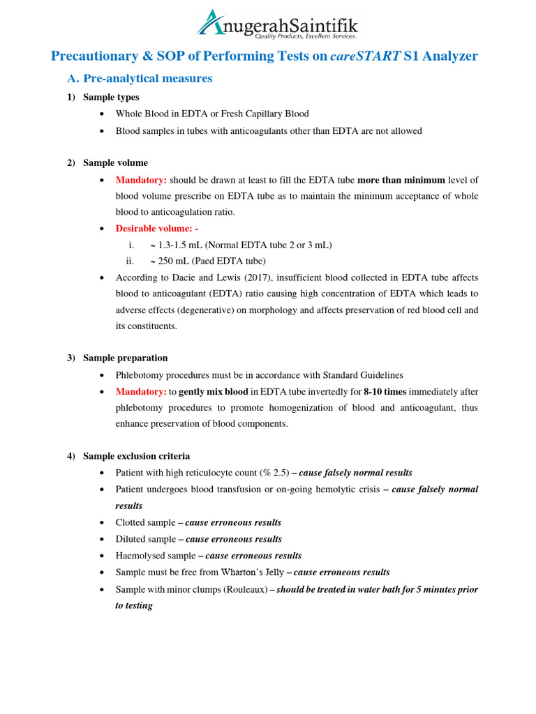 Precautionary and SOP of handling careSTART S1 Analyzer | Download Free ...