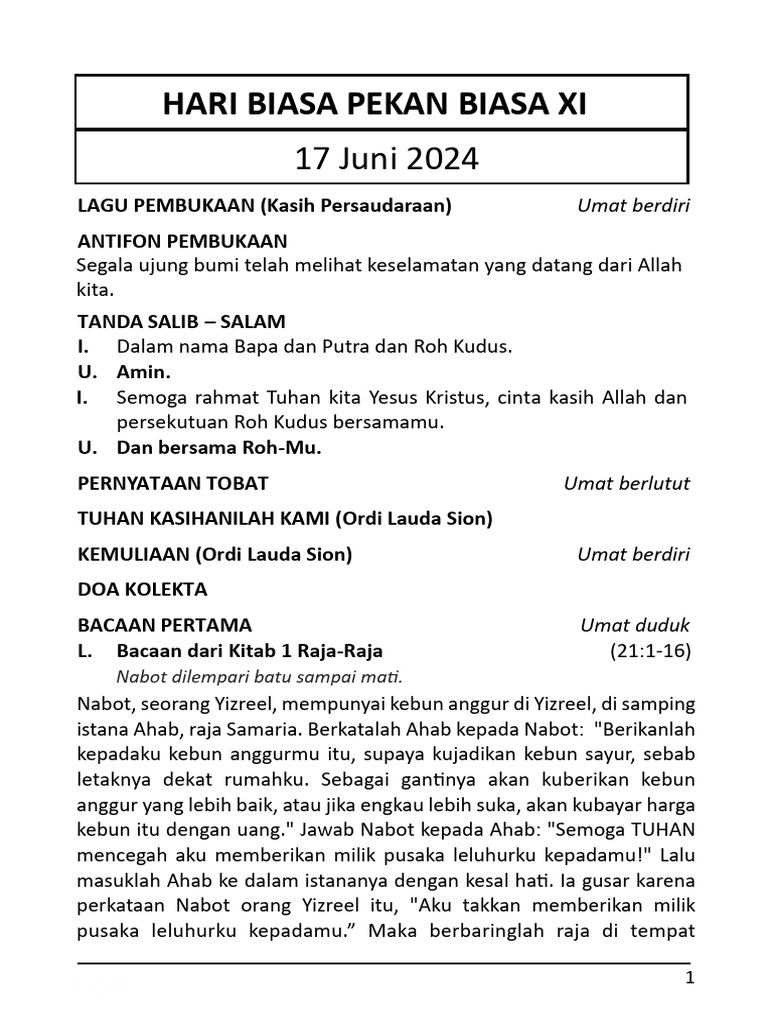 Teks Misa 17 Juni 2024 R1 (Final) | PDF
