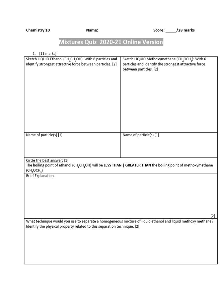 Mixtures Quiz 2020-21 Online Version | PDF | Mixture | Chromatography