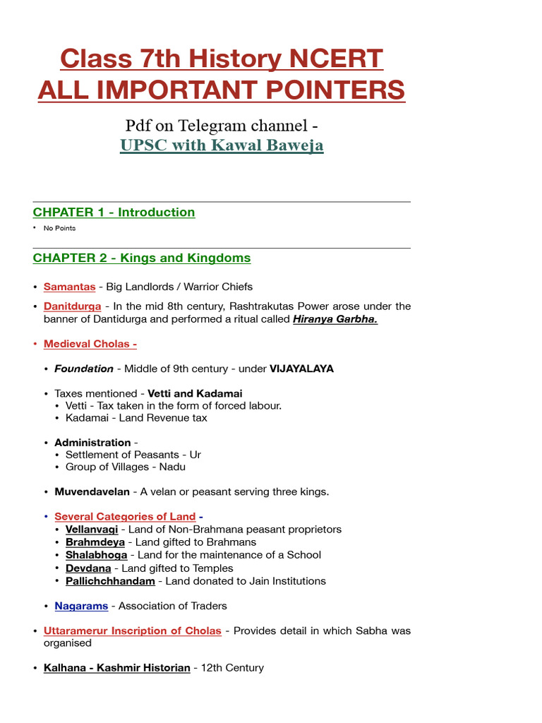 History Class 7 Ncert - All Important Pointers | PDF