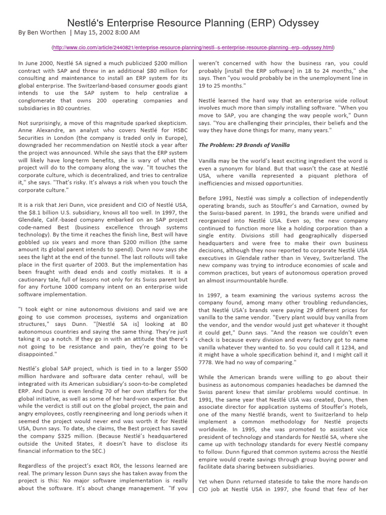 CASO A - Nestle | PDF | Nestlé | Enterprise Resource Planning