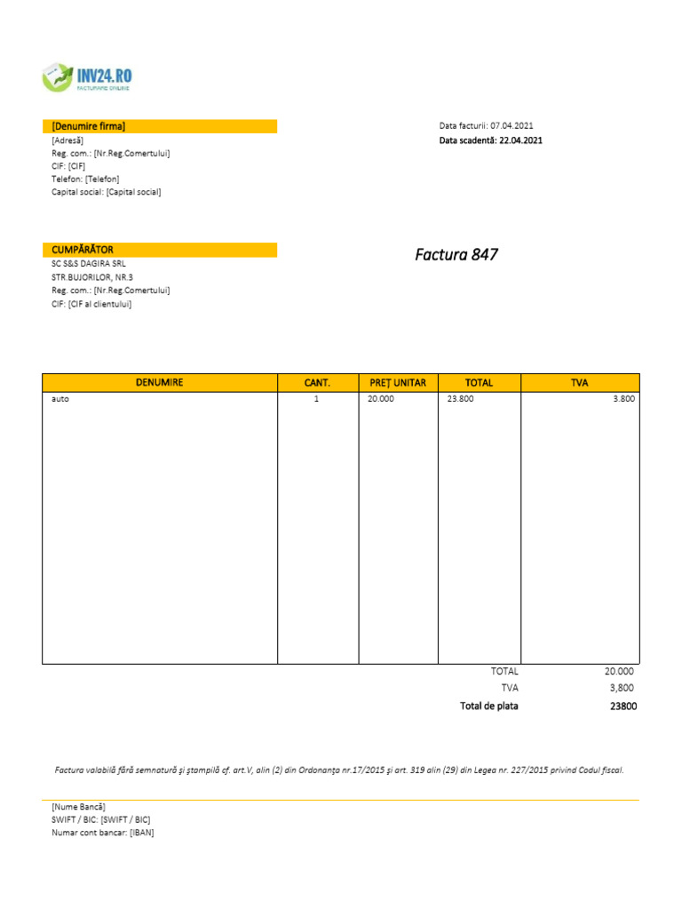 Model Factura Vanzare Auto | PDF