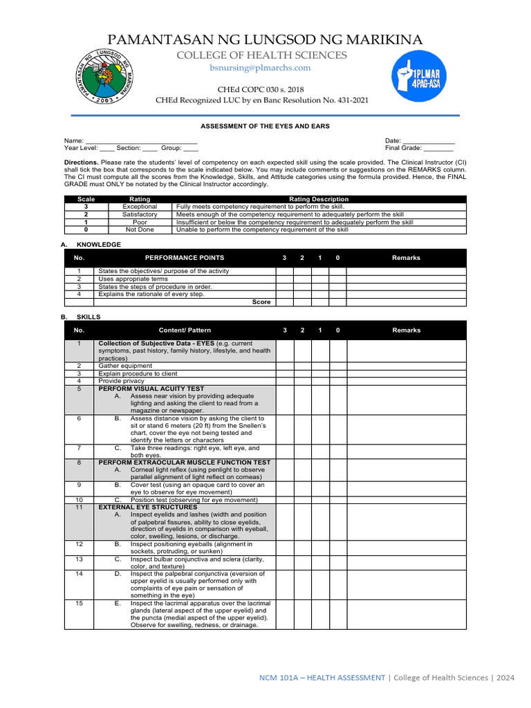 Eye and Ear Assessment Checklist | PDF | Facial Features | Eye