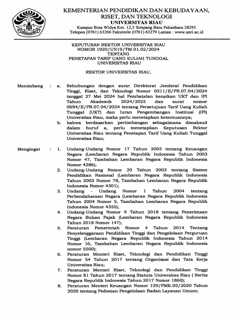 SK Penetapan Tarif UKT 2024 1 | PDF