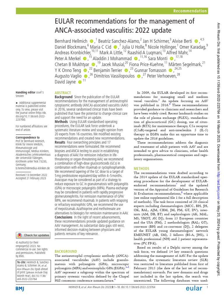 EULAR Management of ANCA-associated Vasculitis 2022 | PDF | Diseases ...
