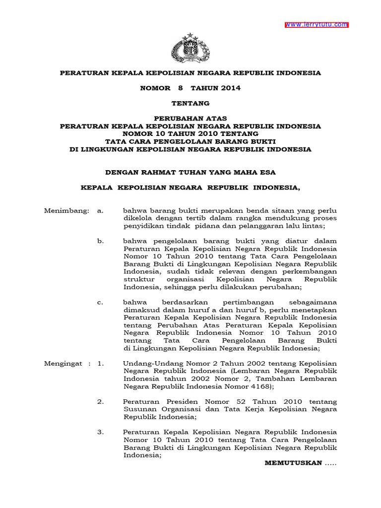 Perkap Nomor 8 Tahun 2014 TTG Pengelolaan BB | PDF