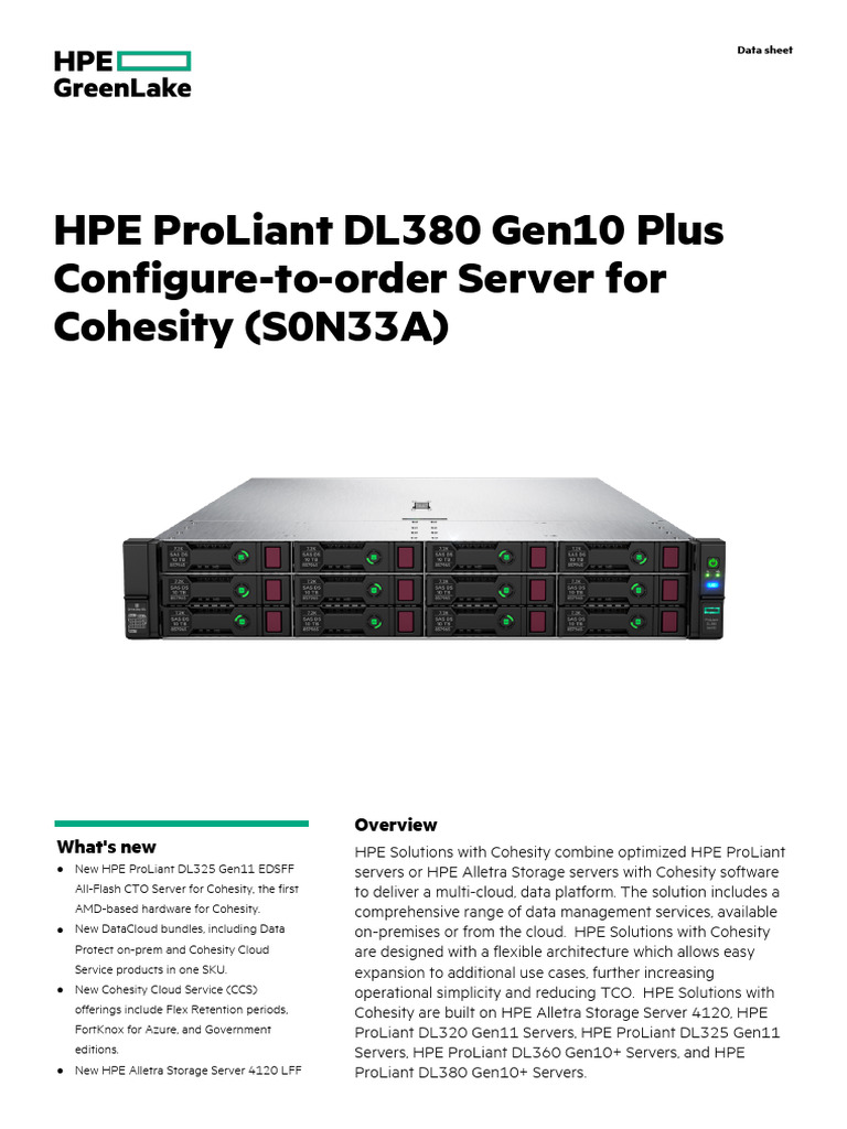 HPE ProLiant DL380 Gen10 Plus Configure-To-Order Server For Cohesity-PSN1014691359CAEN | PDF ...