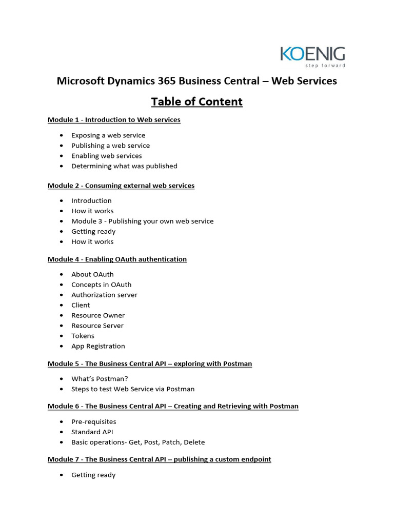 Table of Content: Microsoft Dynamics 365 Business Central - Web Services | PDF