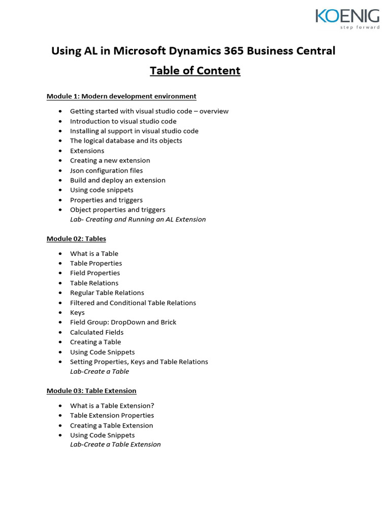 Using AL in Microsoft Dynamics 365 Business Central Table of Content | PDF | Modular Programming ...
