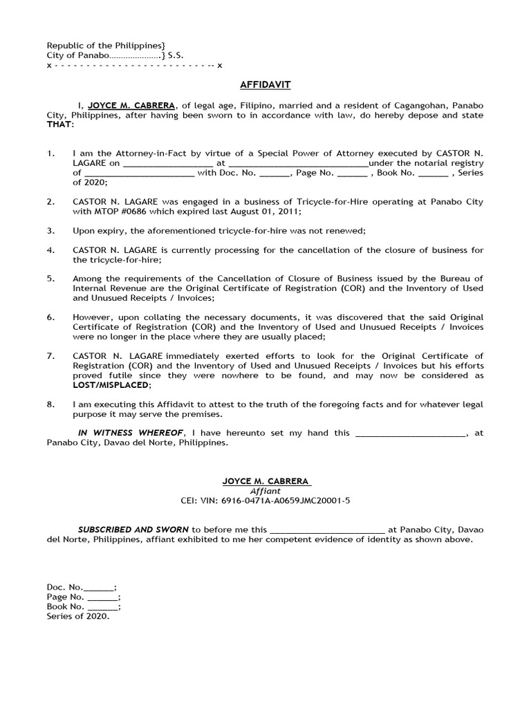 Affidavit of Loss (Business) | Download Free PDF | Affidavit | Common Law