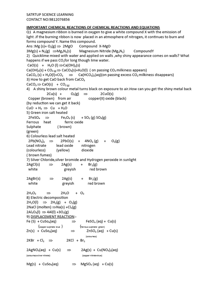 Important Chemical React | PDF | Magnesium | Copper Important Chemical React | PDF | Magnesium | Copper