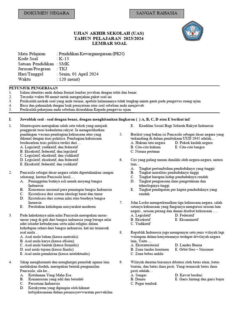 Soal PKN Uas 2024 SMK | PDF