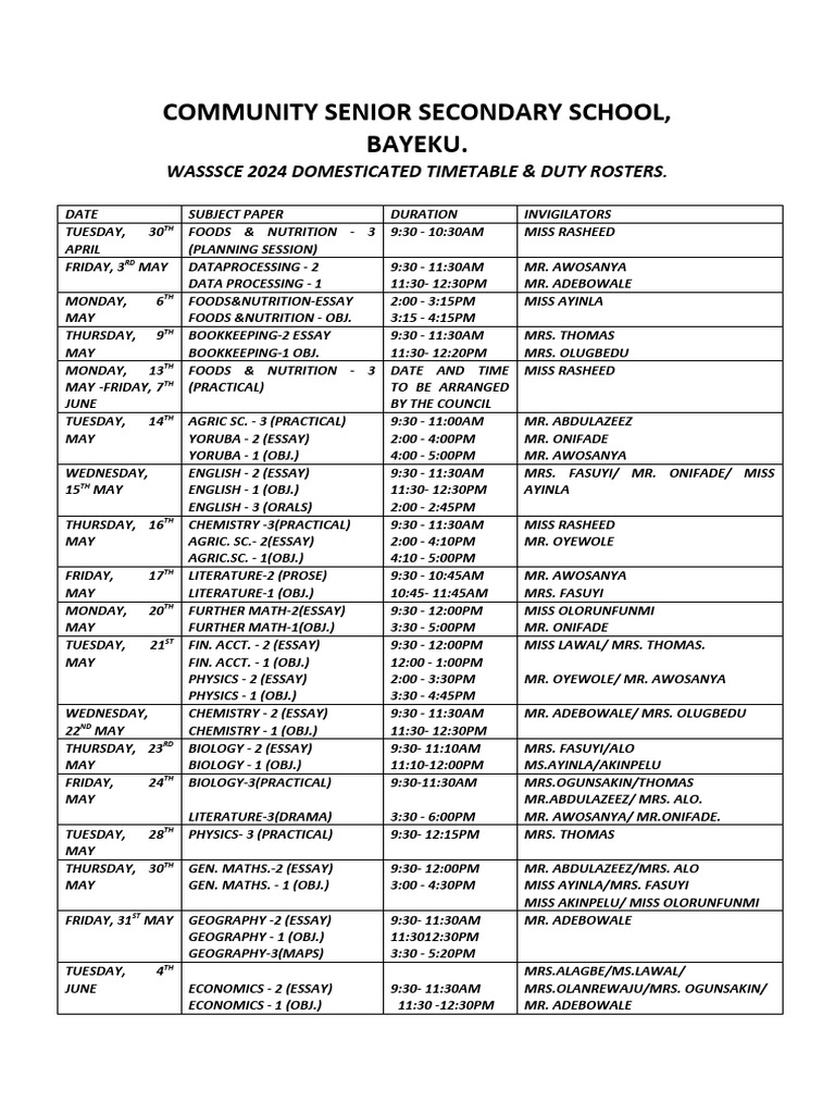 WASSCE 2024 Timetable & Rosters | PDF | Art