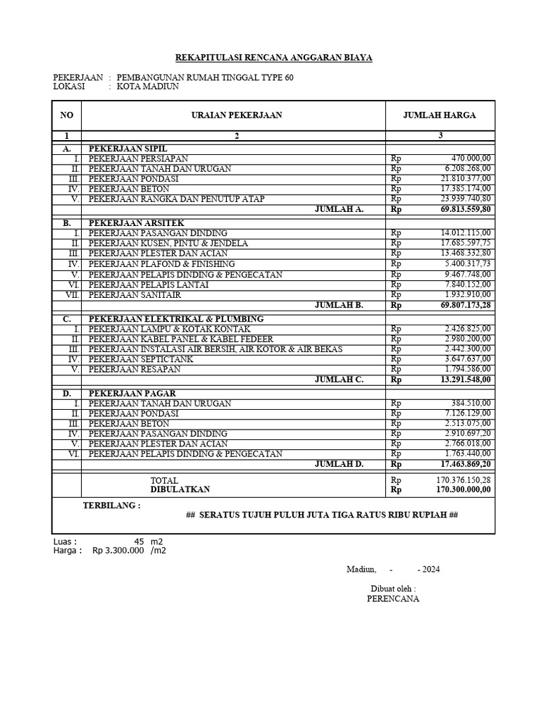 contoh RAB Rumah Type 60 | PDF