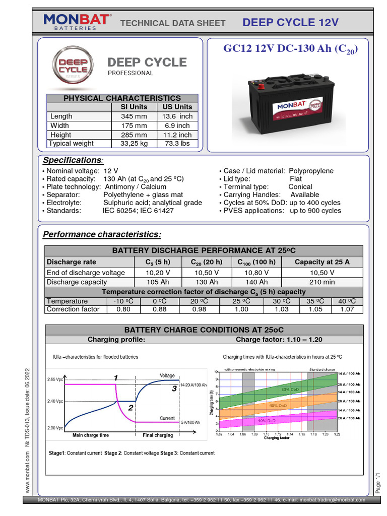 Technical Datasheet GC12 DC 12V 130ah Dis. Curves and DoD | PDF ...