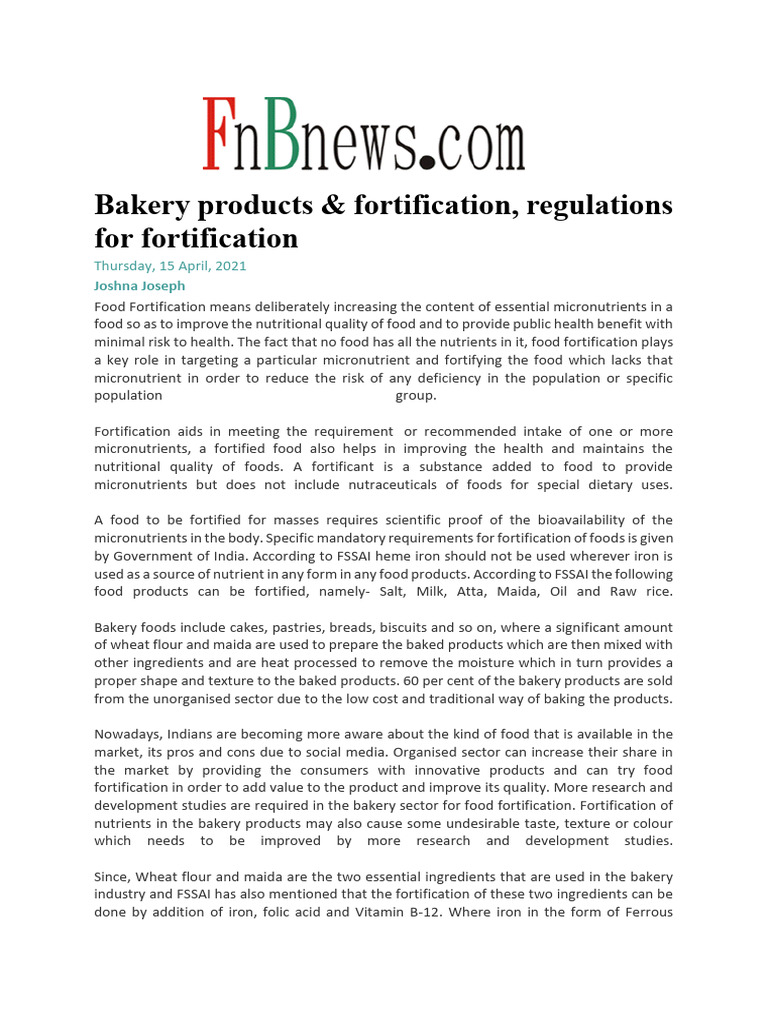 FSSAI News Bakery FNB 16 04 2021 | PDF | Nutrition | Diet & Nutrition