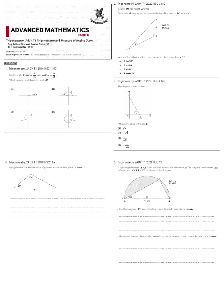 Advanced Trigonometry HSC Exam Questions | PDF | Trigonometry | Area