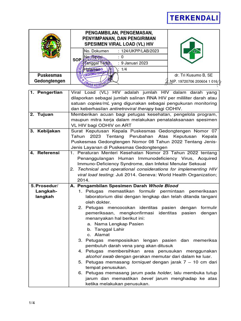 3.9.1 SOP Pengambilan, Pengemasan, Penyimpanan, Dan Pengiriman Spesimen Viral Load (VL) HIV | PDF