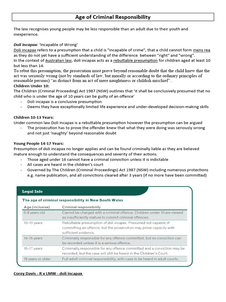 Understanding Doli Incapax in Australia | PDF | Intention (Criminal Law ...