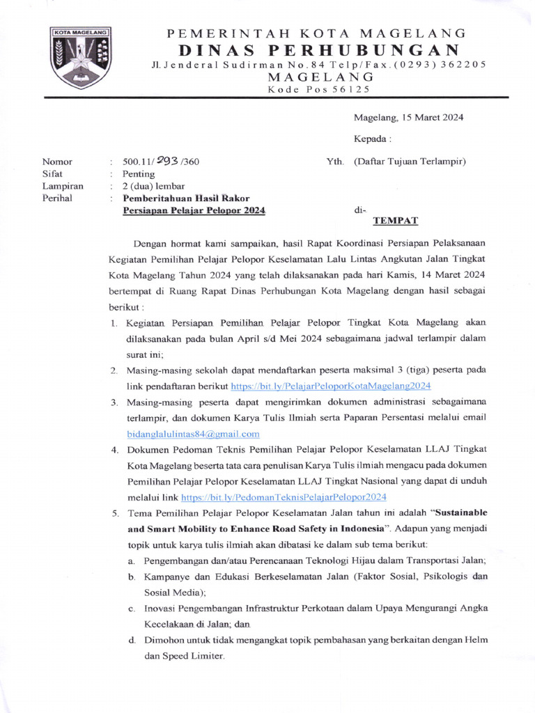 Pemberitahuan Hasil Rakor Pelajar Pelopor 2024 | PDF