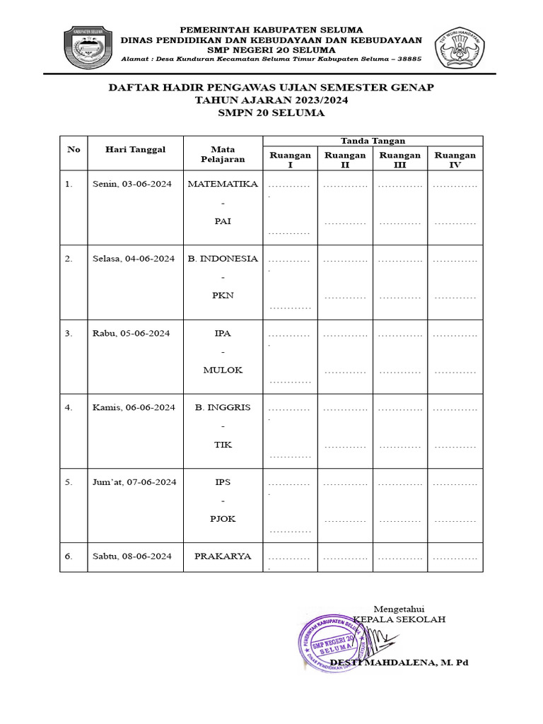 Daftar Hadir Pengawas Ujian Semester Genap | PDF