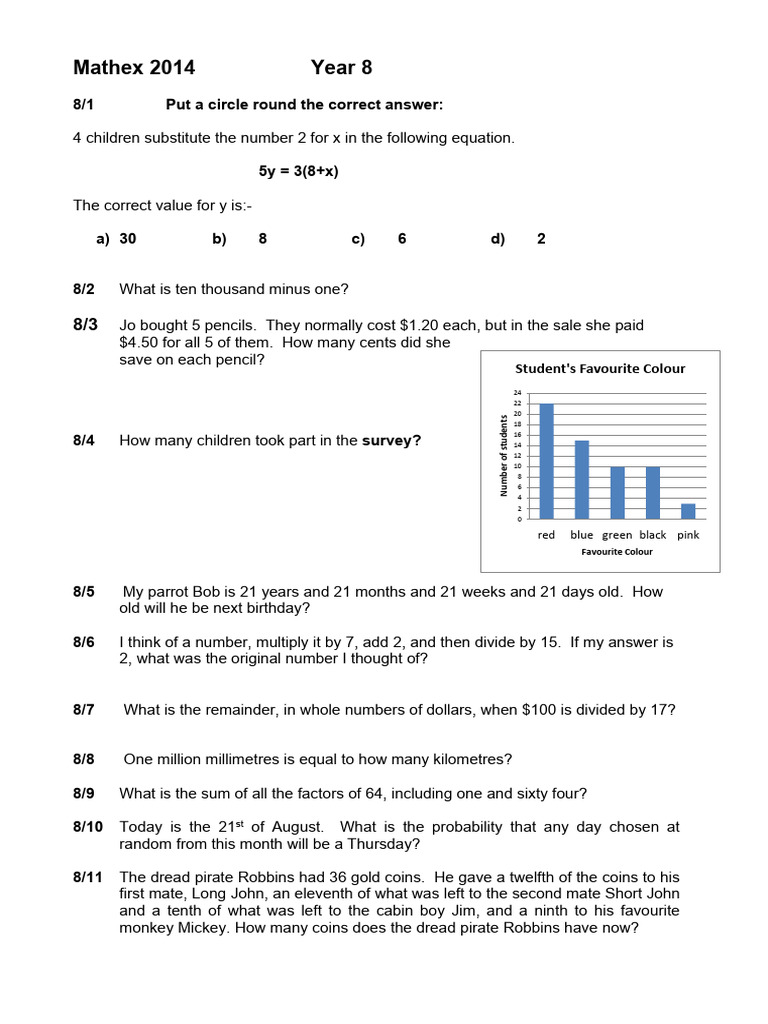 Mathex Year 8 2014 Plus Answers | PDF | Mathematics | Elementary ...