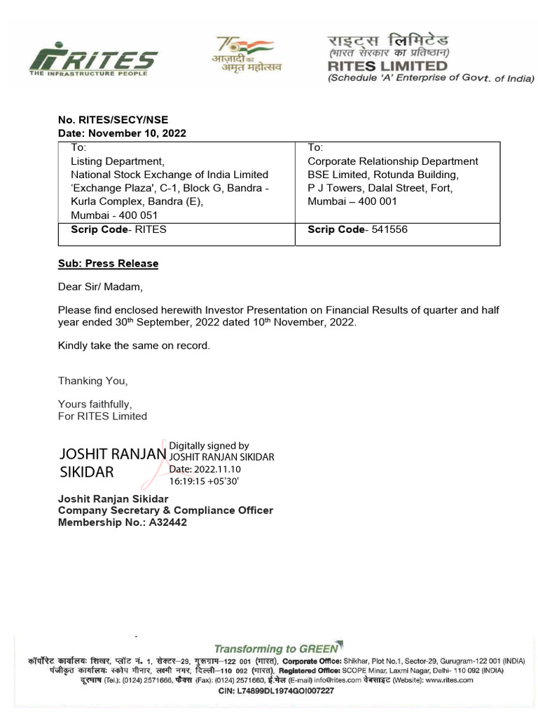 Joshit Ranjan Sikidar: Thanking You, Yours Fa Thfully, For RITES ...