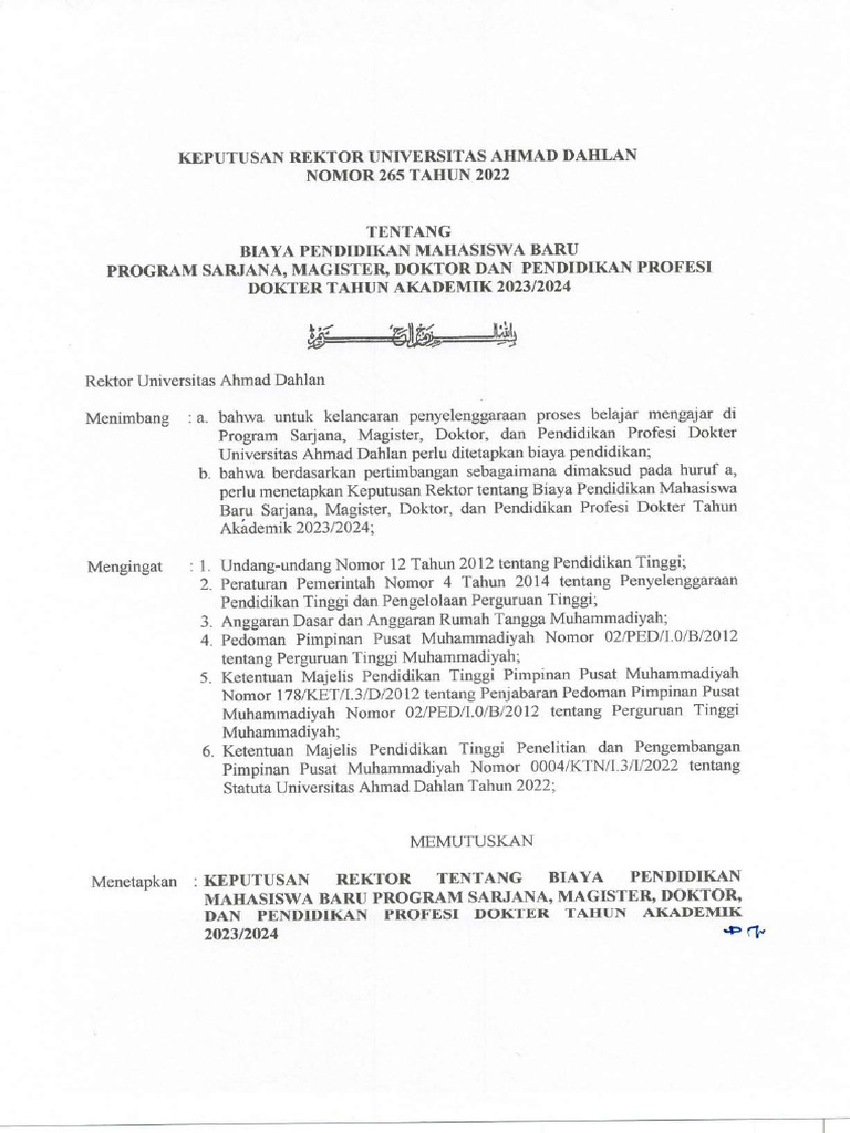 SK Nomor 265 TH 2022 Tentang Biaya Pendidikan Mahasiswa Baru S1 S2 Dan ...
