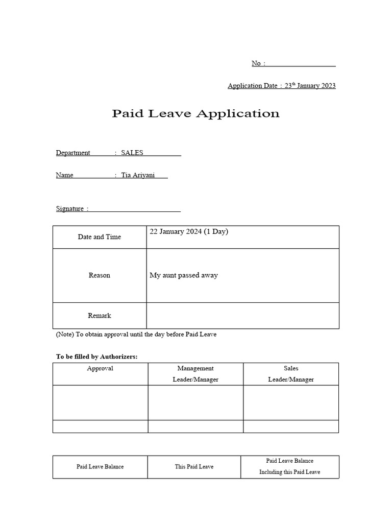 Paid Leave Application for Tia Ariyani | PDF