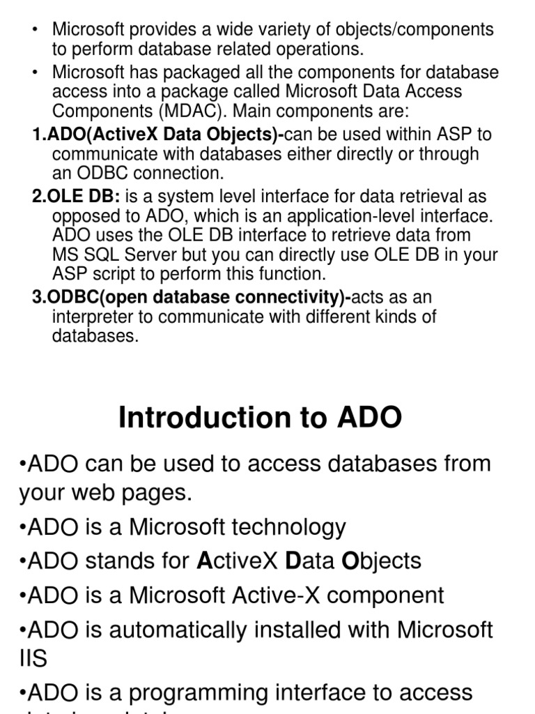 1.ado (Activex Data Objects) - Can Be Used Within Asp To | PDF | Microsoft Access | System Software