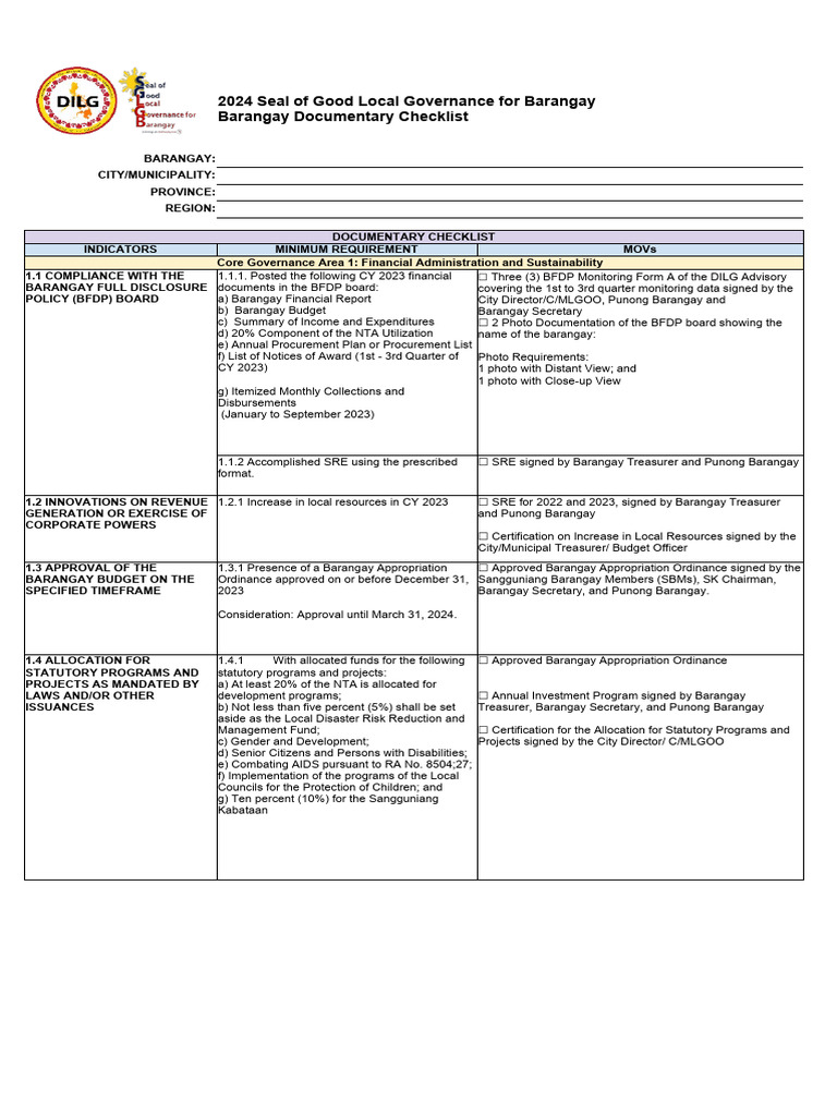 2024 SGLGB Indicators and Checklist | PDF | Waste | Risk
