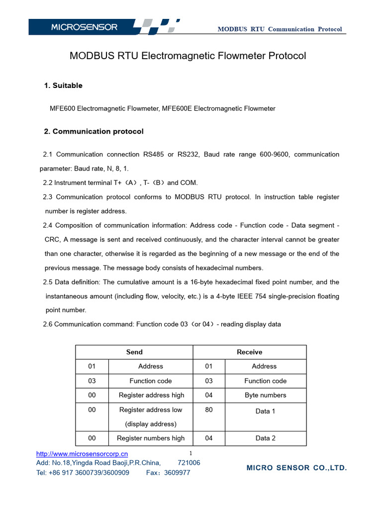 MODBUS RTU Electromagnetic Flowmeter Protocol | PDF | Bit | Computing