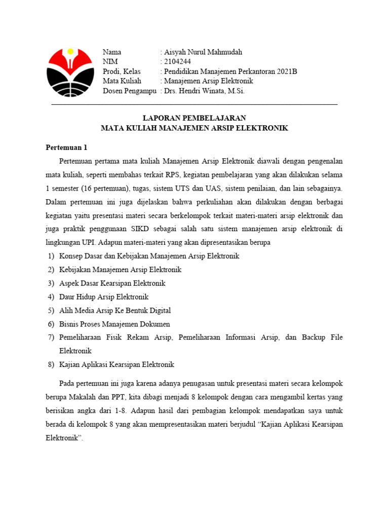 Aisyah - Laporan Arsip Elektronok | PDF