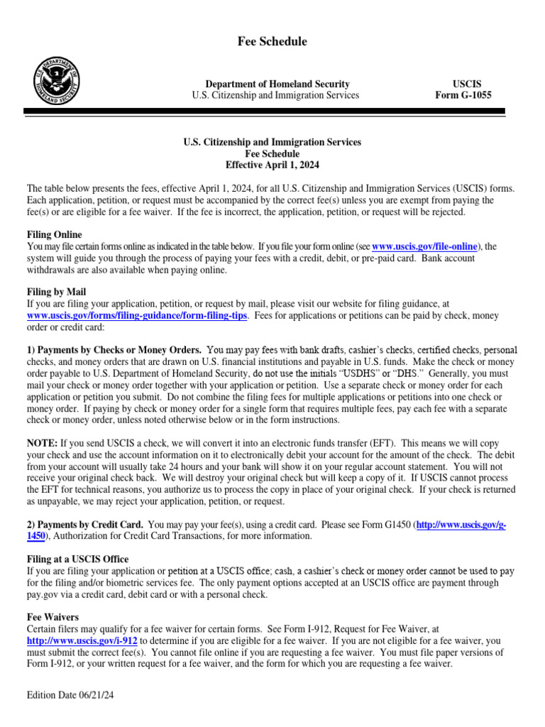 Fee Schedule: WWW - Uscis.gov/file-Online | PDF | Cheque | United ...