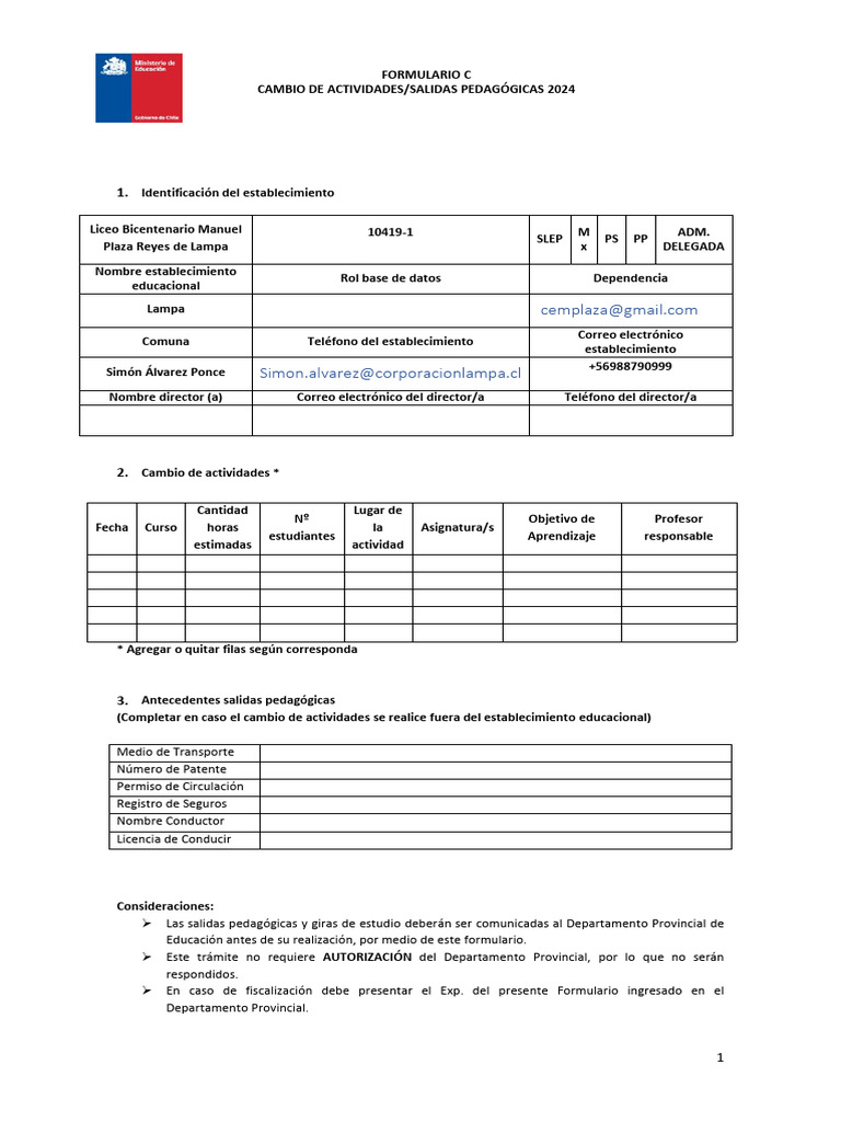 Formulario C, Cambio de actividades - Salidas Pedagógicas 2024 | PDF