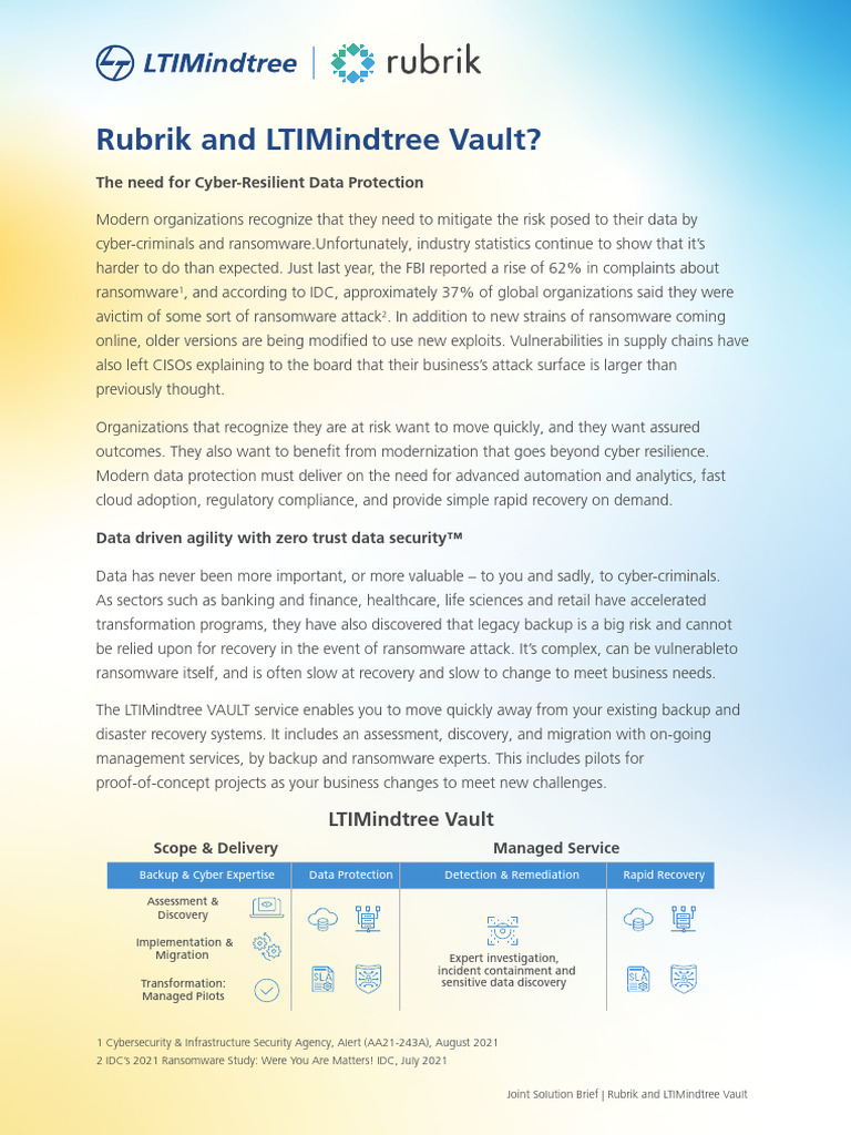 Rubrik LTIMindtree VAULT Brochure | PDF | Computer Security | Security Rubrik LTIMindtree VAULT Brochure | PDF | Computer Security | Security