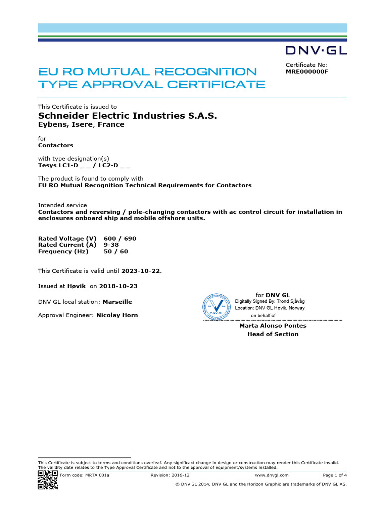 Marine Contactors Approval Certificate | PDF | Alternating Current ...