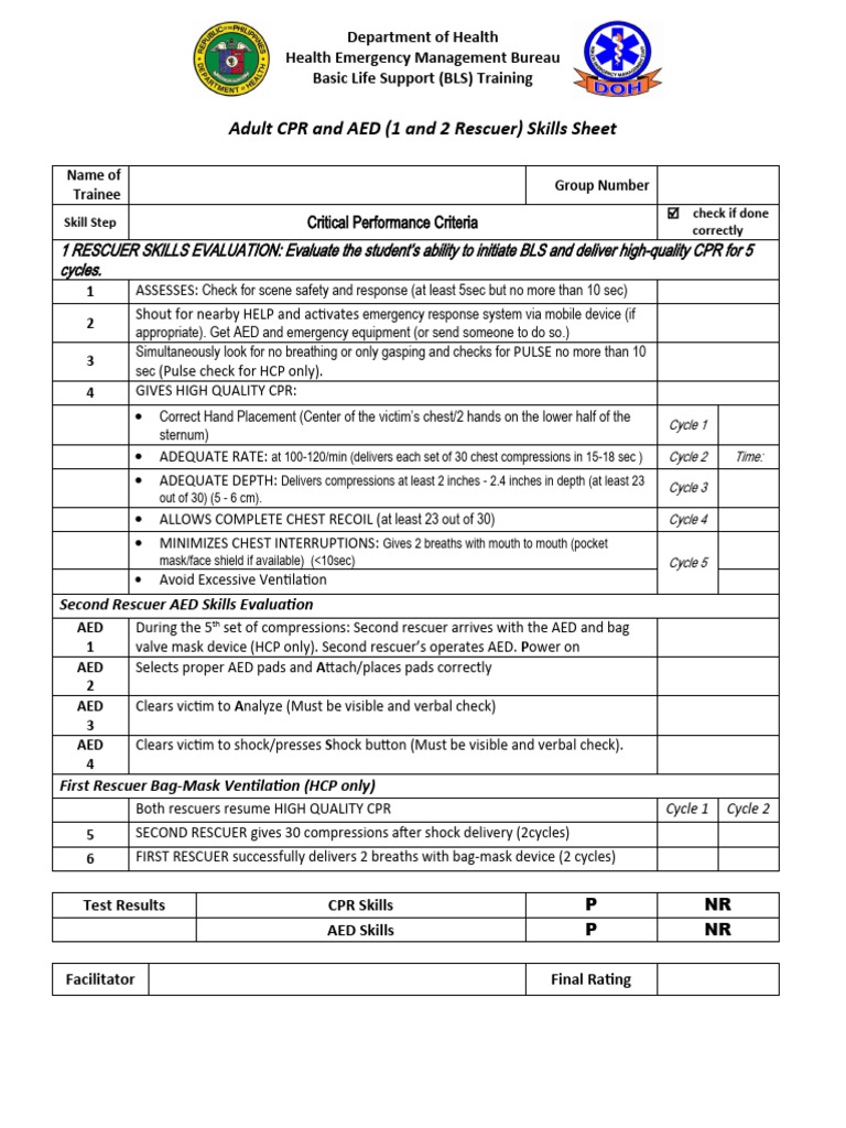 1 and 2 Rescuer Adult CPR and AED Skill Sheet (1) (2) | Download Free ...