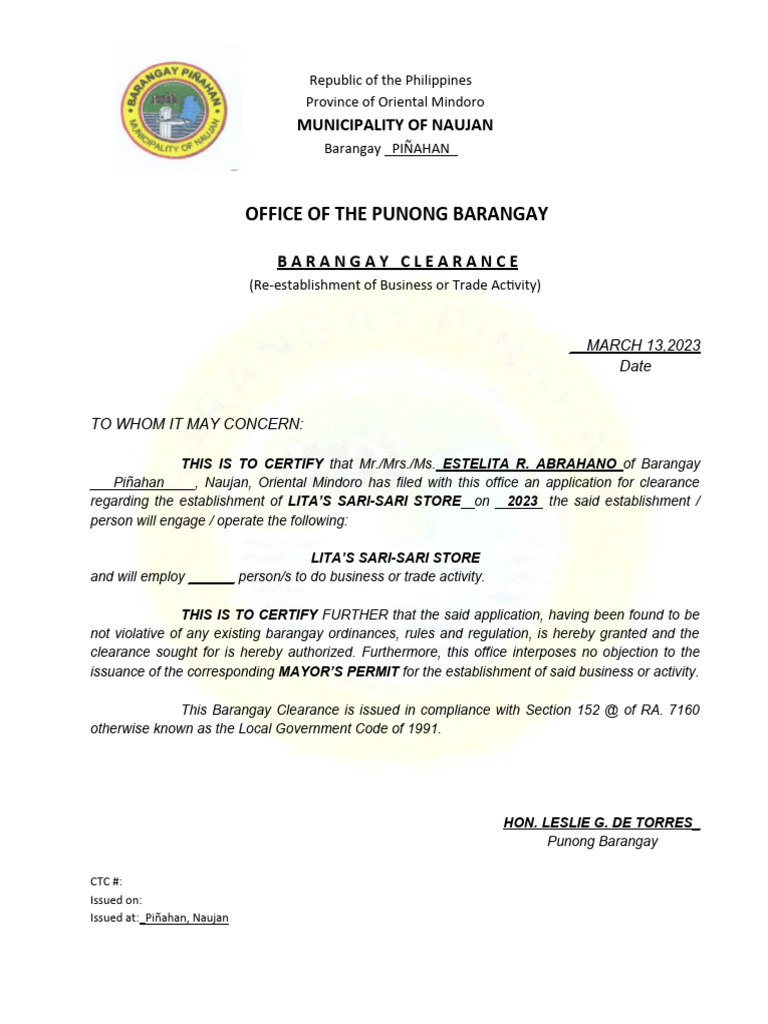 Barangay Permit | Download Free PDF | Government | Justice