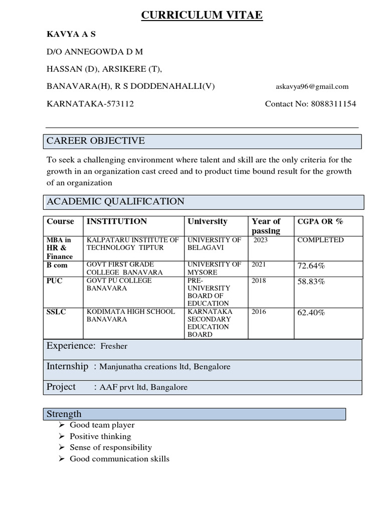 Kavya Resume | PDF | Bangalore | Cognition